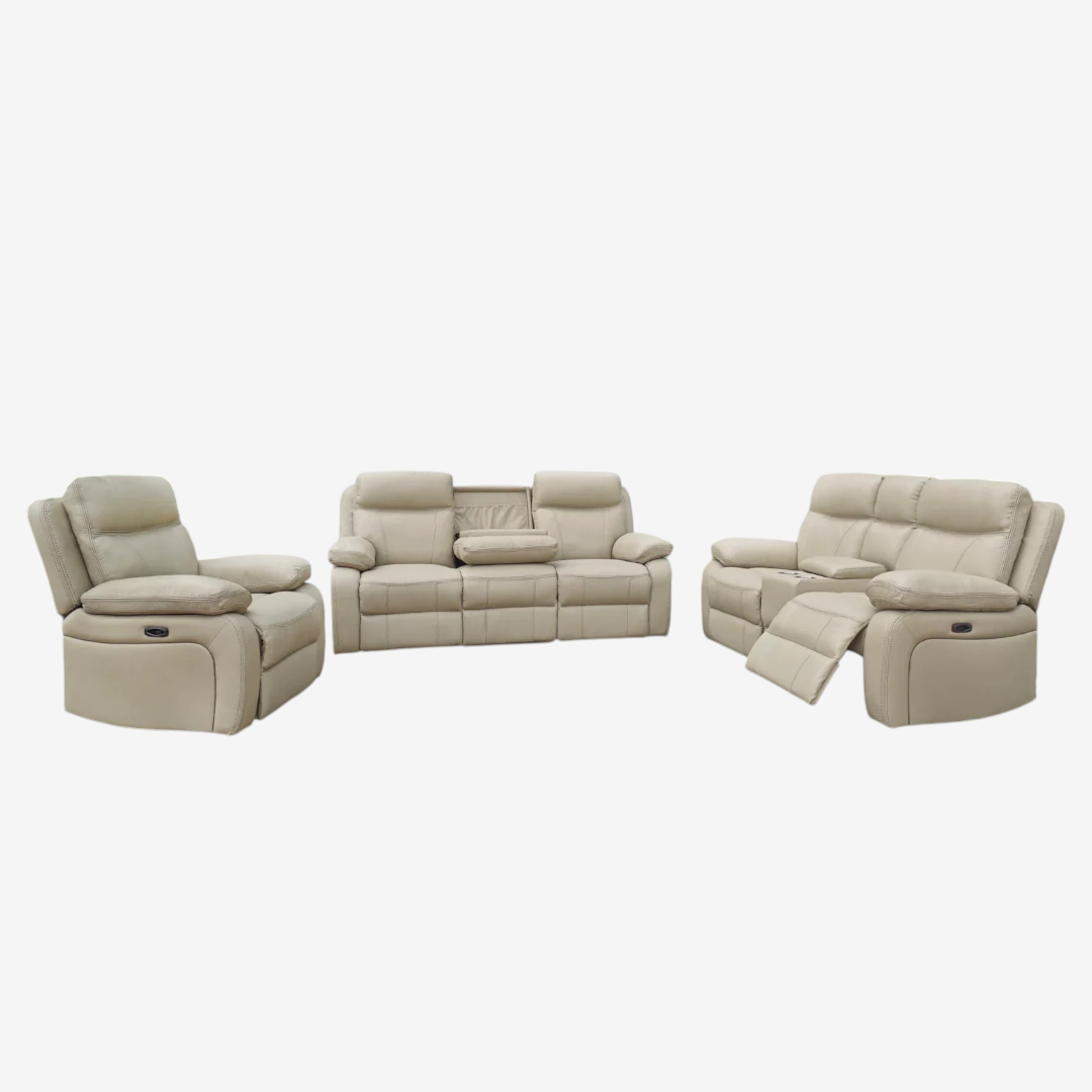 Cuddle 3-Piece Beige Power Recliner Couch Set In Leather