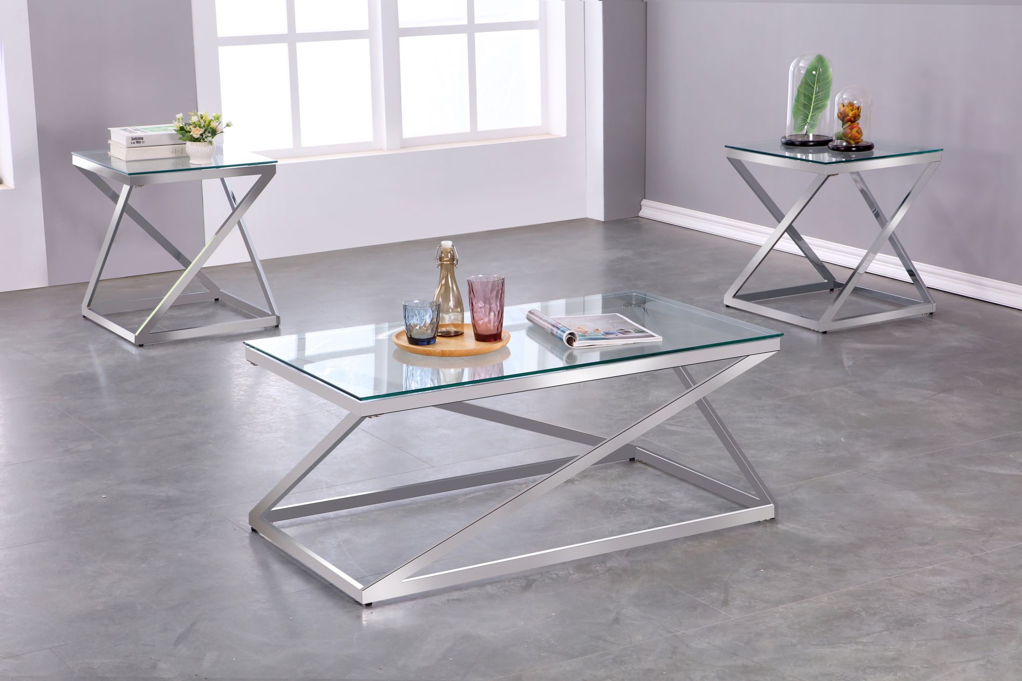 Modern 3-Piece Silver Coffee Table Set with Tempered Glass Tops ...